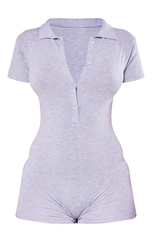 Petite Grey Knit Button Up Romper | Petite | PrettyLittleThing USA