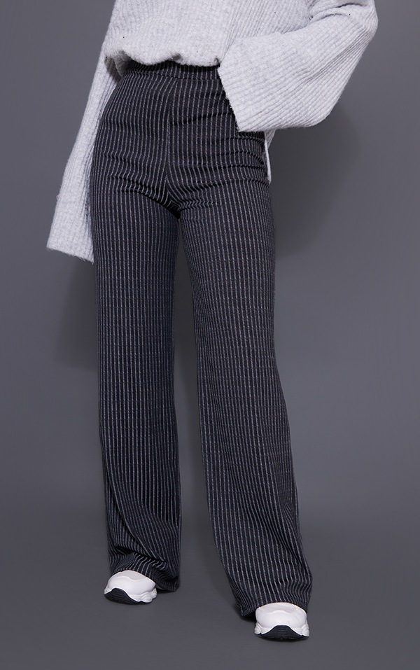 Black Contrast Ribbed Wide Leg Pants | PrettyLittleThing USA