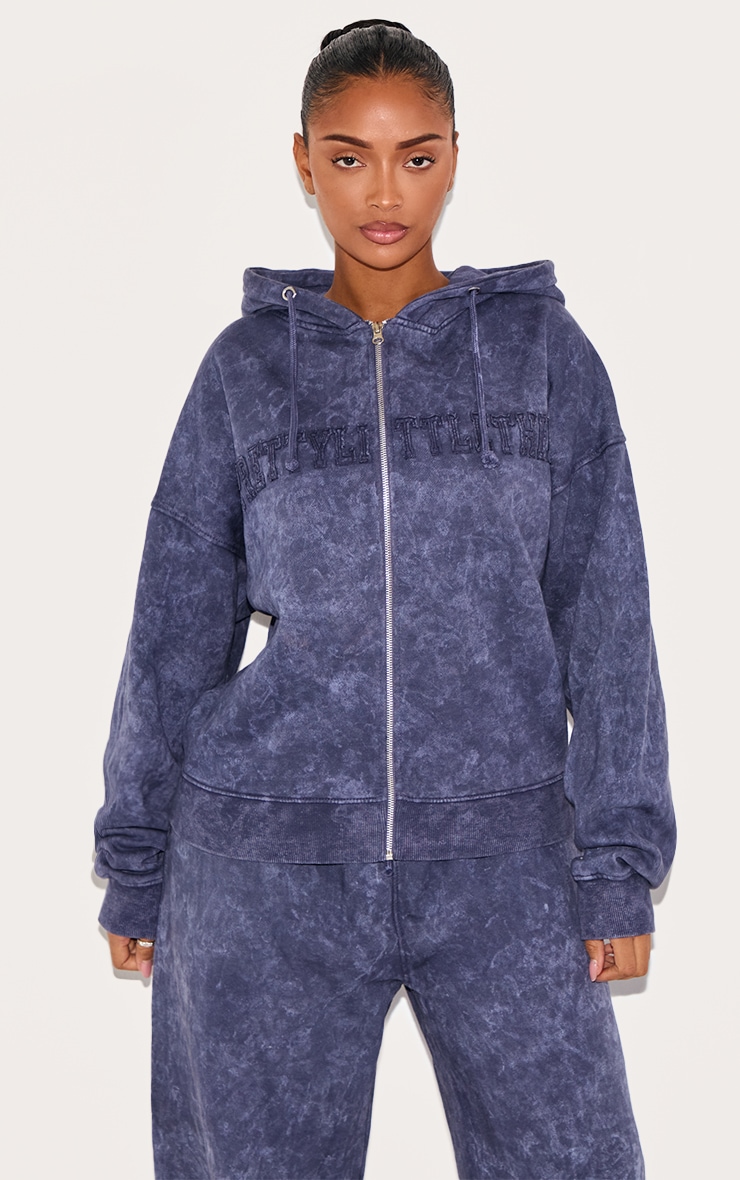 Shape Navy Embroidery Washed Zip Through Hoodie | Shape | PLT