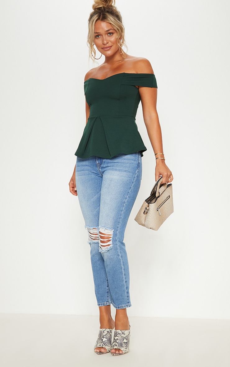 Emerald Bardot Peplum Top | Tops | PrettyLittleThing USA