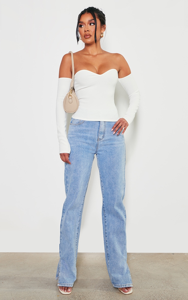 White Stretch Woven Bardot Top | Tops | PrettyLittleThing