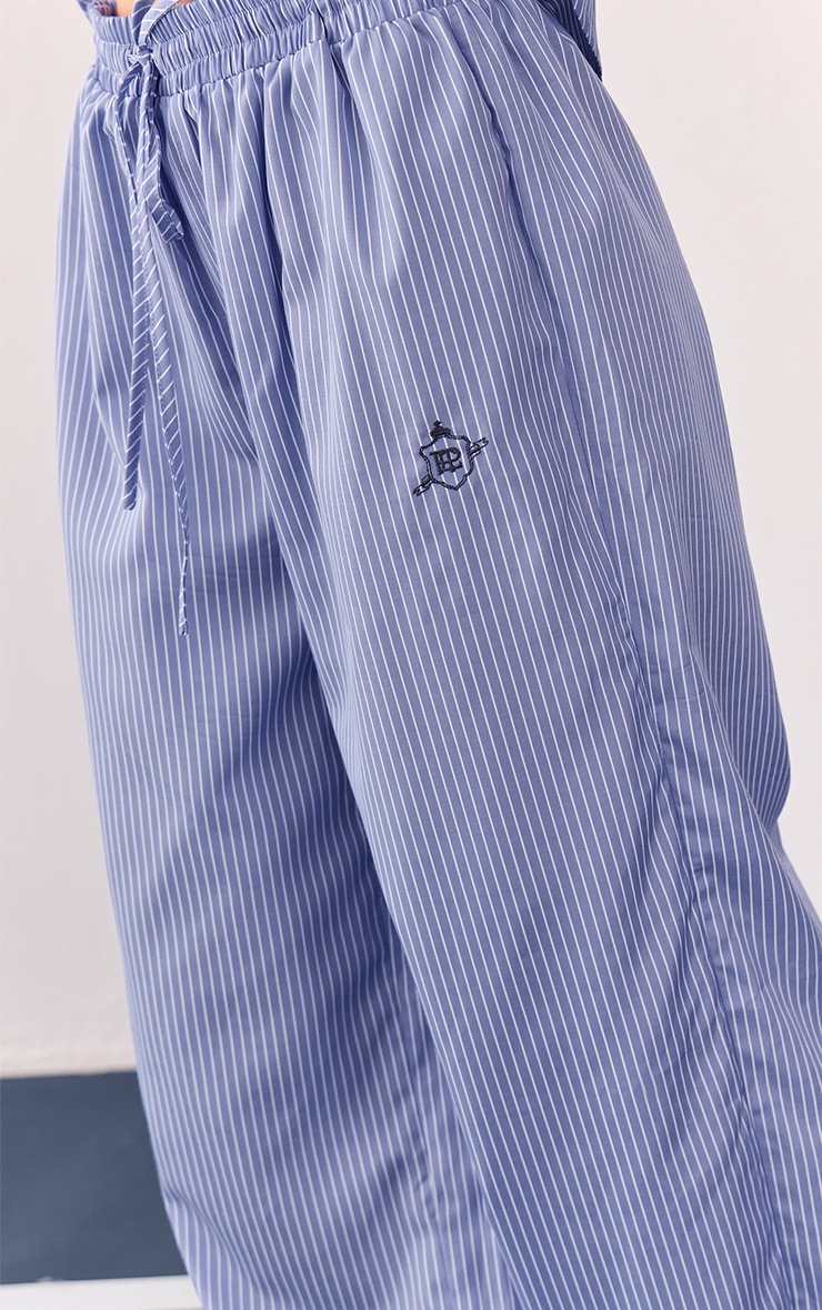 Blue Embroidered Drawstring Stripe Trouser | Bottoms | PLT
