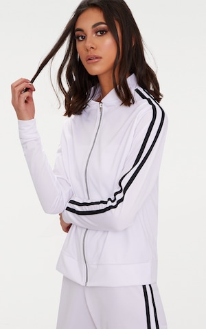 White Sport Stripe Hooded Tracksuit Top | PLT