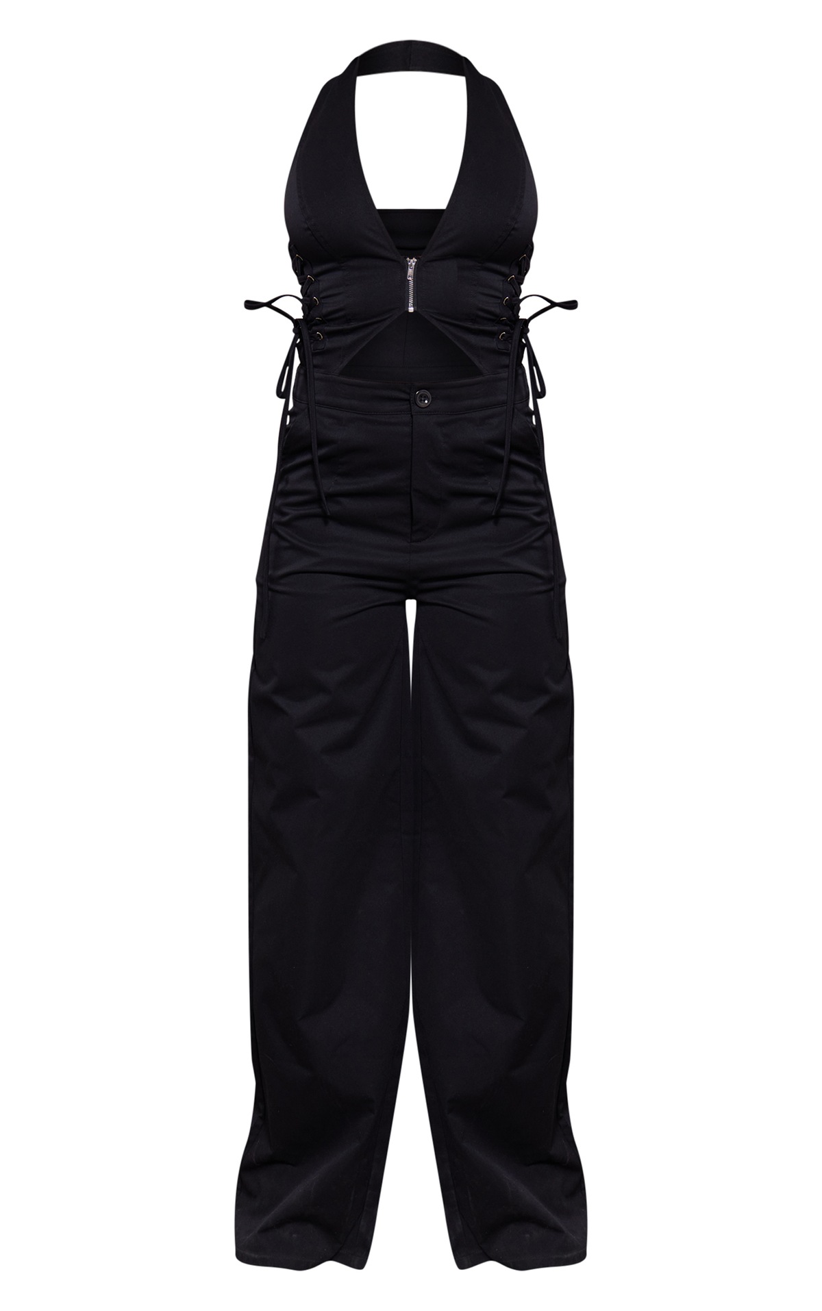 Black Woven Halter Zip Detail Lace Up Jumpsuit Jumpsuits And Playsuits
