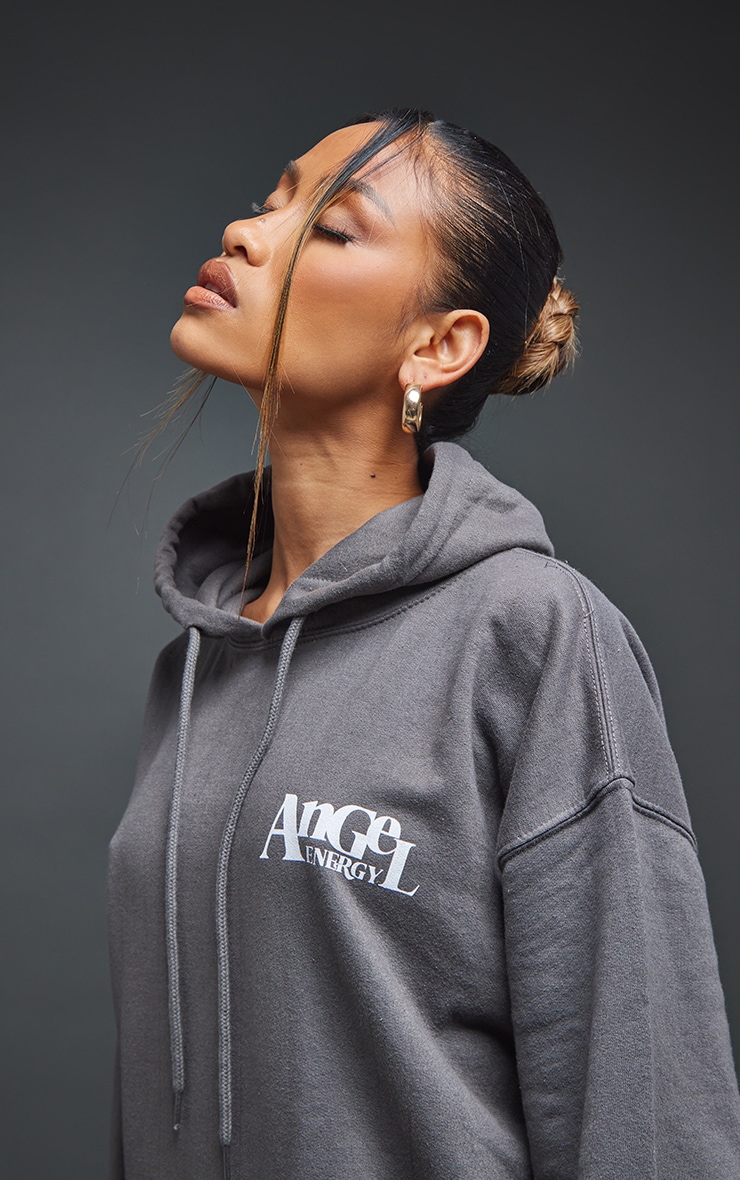 Charcoal Angel Energy Back Print Hoodie | PrettyLittleThing