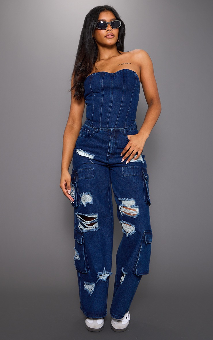 Indigo Blue Wash Seam Detail Denim Corset Top | Denim ...