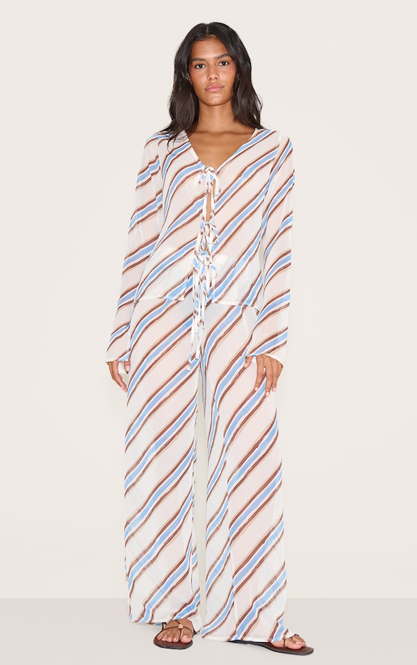 Blue Stripe Tie Detail Floaty Long Top | Co-ords | PLT