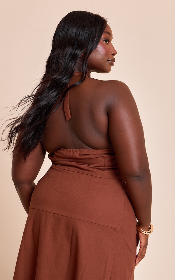 Plus Chestnut Woven Halterneck Button Detail Top | Plus Size | PLT USA