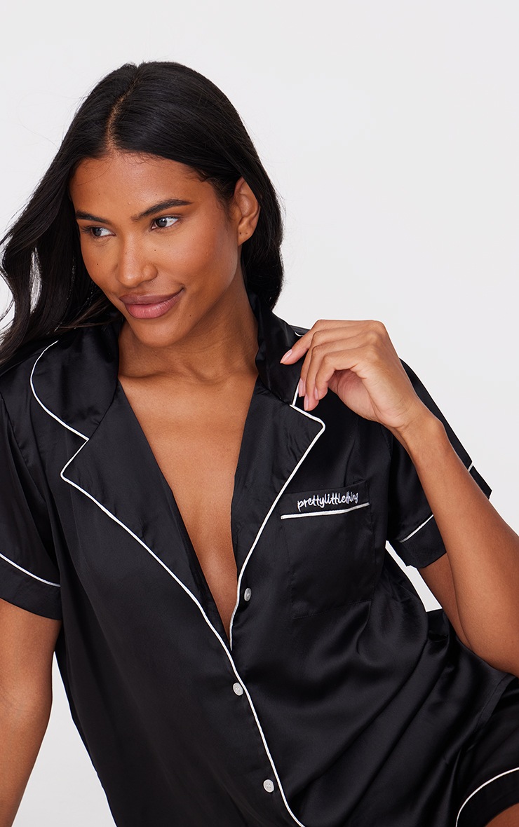 Black Satin Contrast Piping Short Pj Set | PrettyLittleThing