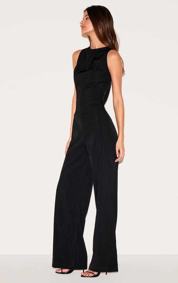 Black Structured Open Back Straight Leg Jumpsuit | Jumpsuits & Rompers | PrettyLittleThing USA