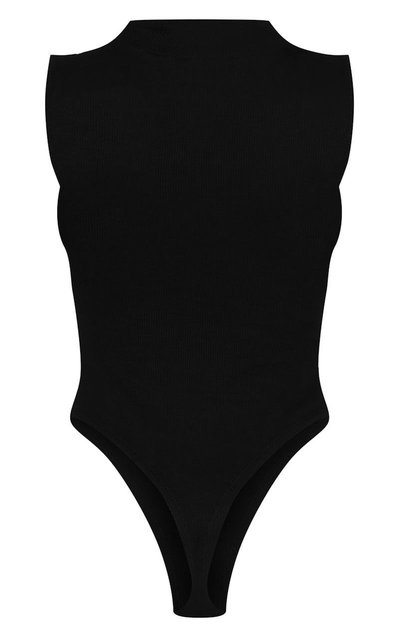 Black Rib High Neck Sleeveless Bodysuit | Tops | PLT