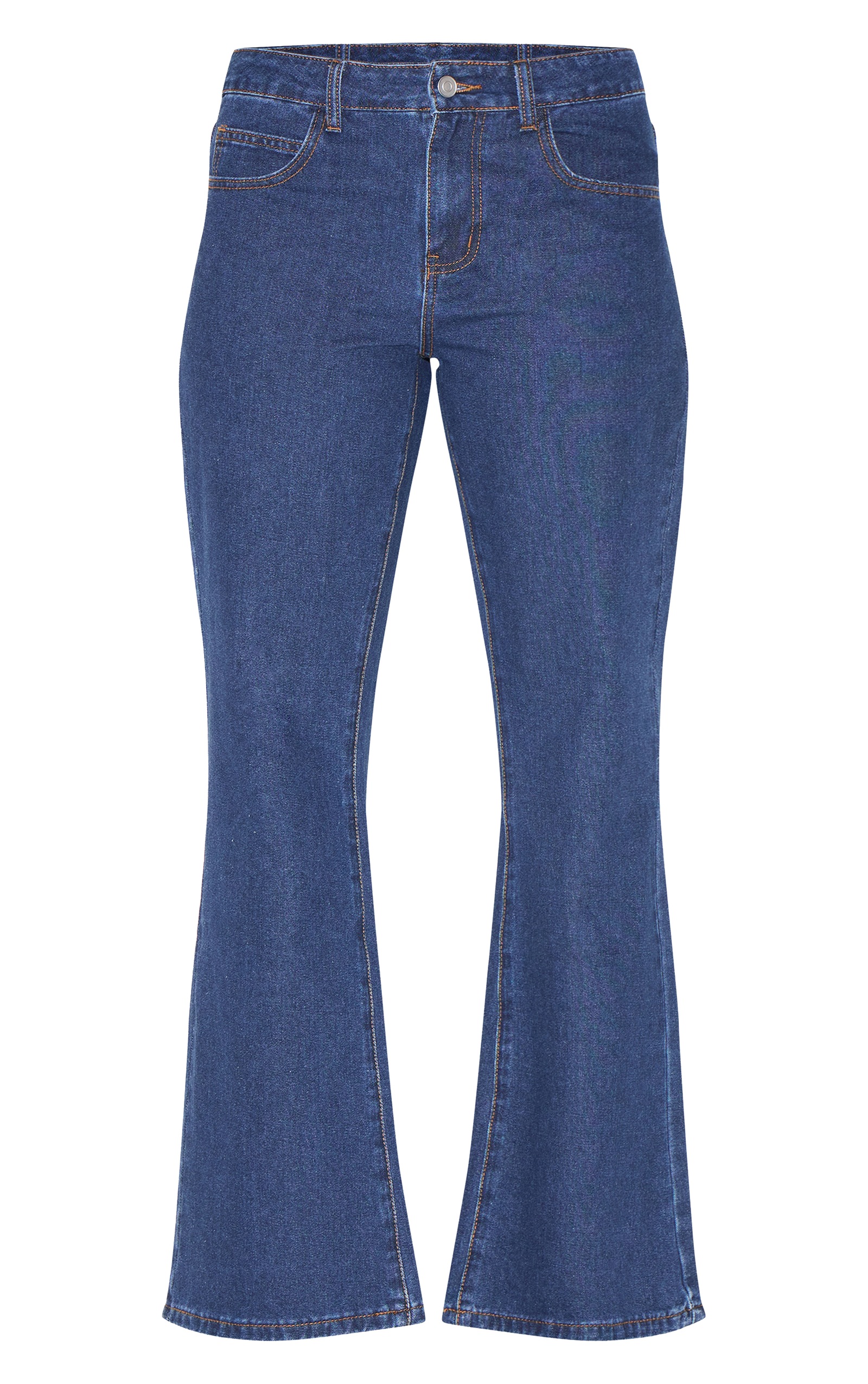 Dark Blue Mid Waist Contrast Stitch Flared Jeans | Denim | PLT USA