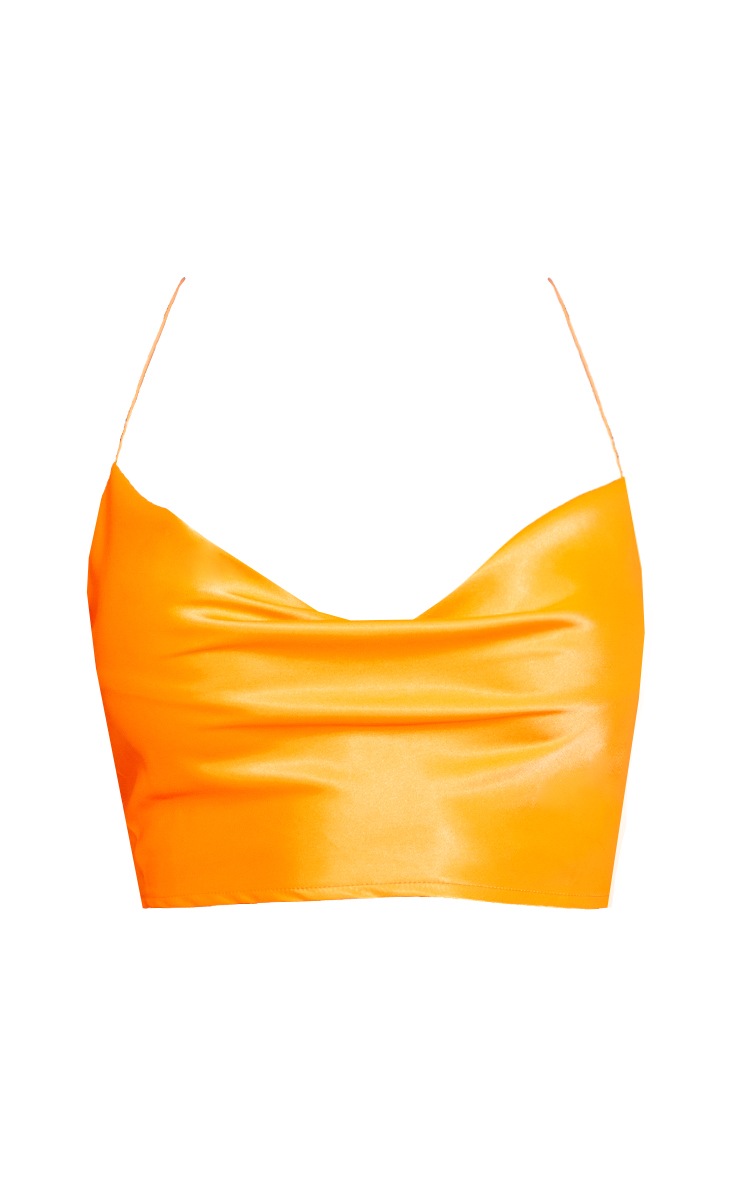 Orange Satin Spaghetti Strap Cowl Neck Crop Top | Tops | PLT