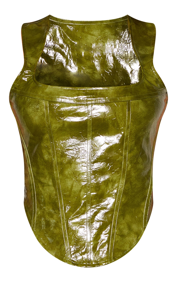 Olive Washed PU Square Neck Dip Hem Corset | Tops | PLT