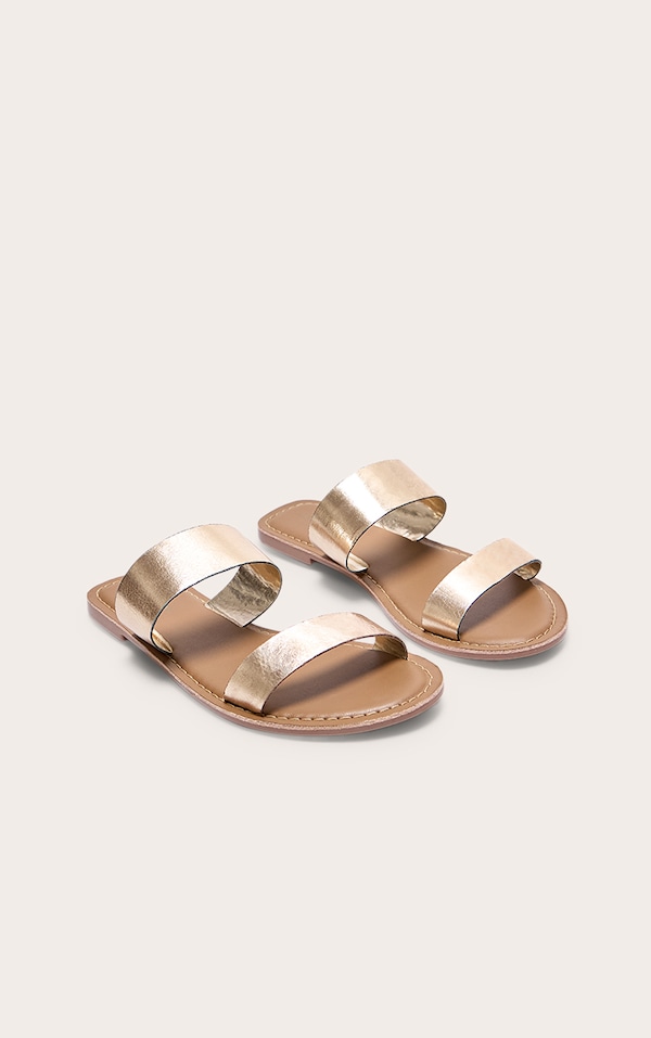 Gold Twin Strap Basic Leather Sandals | Footwear | PrettyLittleThing
