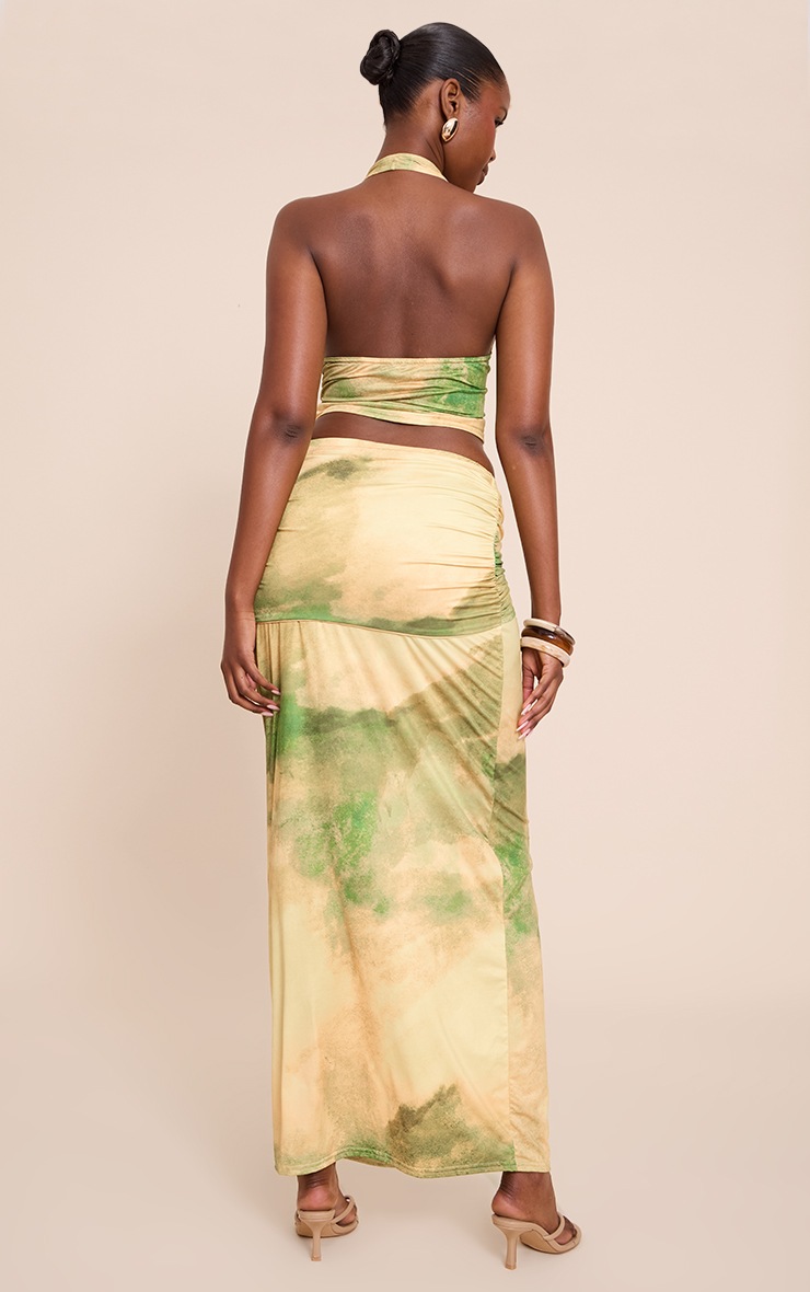 Green Abstract Print Ruched Flowy Maxi Skirts | Co-ords | PLT