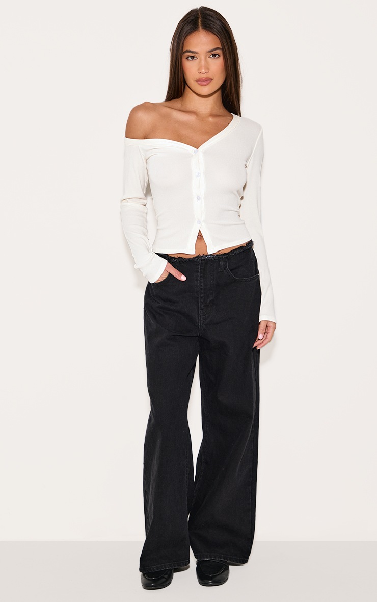 Cream Soft Touch Rib Asymmetric Long Sleeve Top | Tops | PrettyLittleThing