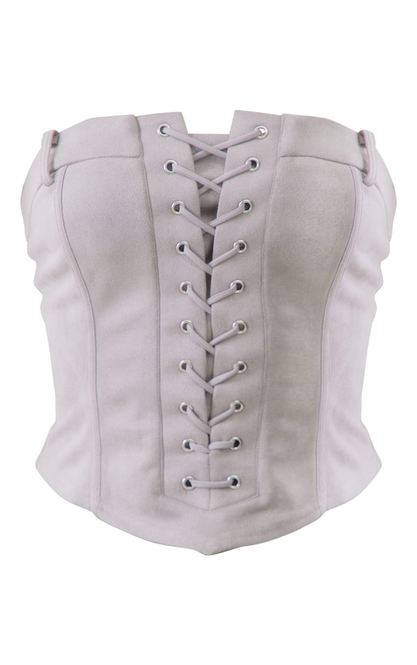 Charcoal Faux Suede Eyelet Lace Up Bandeau Corset | Tops | PLT KSA