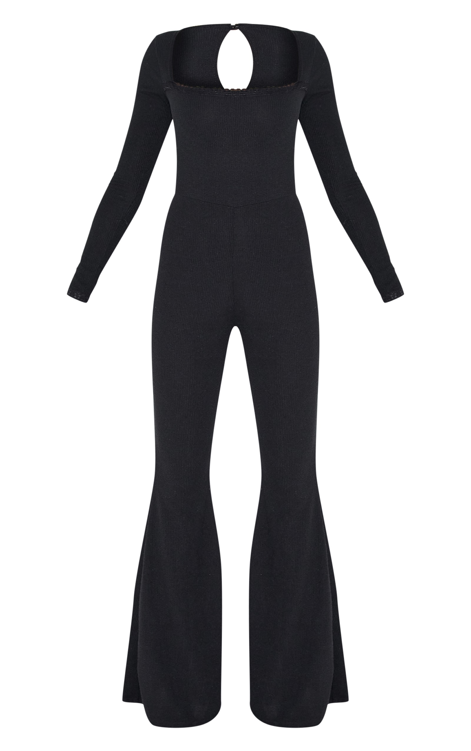 Black Rib Lace Trim Long Sleeve Flare Leg Jumpsuit | Dresses | PLT
