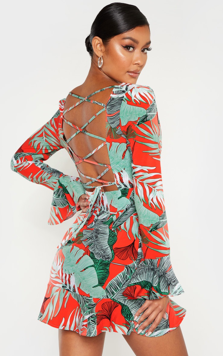 Coral Tropical Print Lace Up Back Bodycon Dress | PrettyLittleThing
