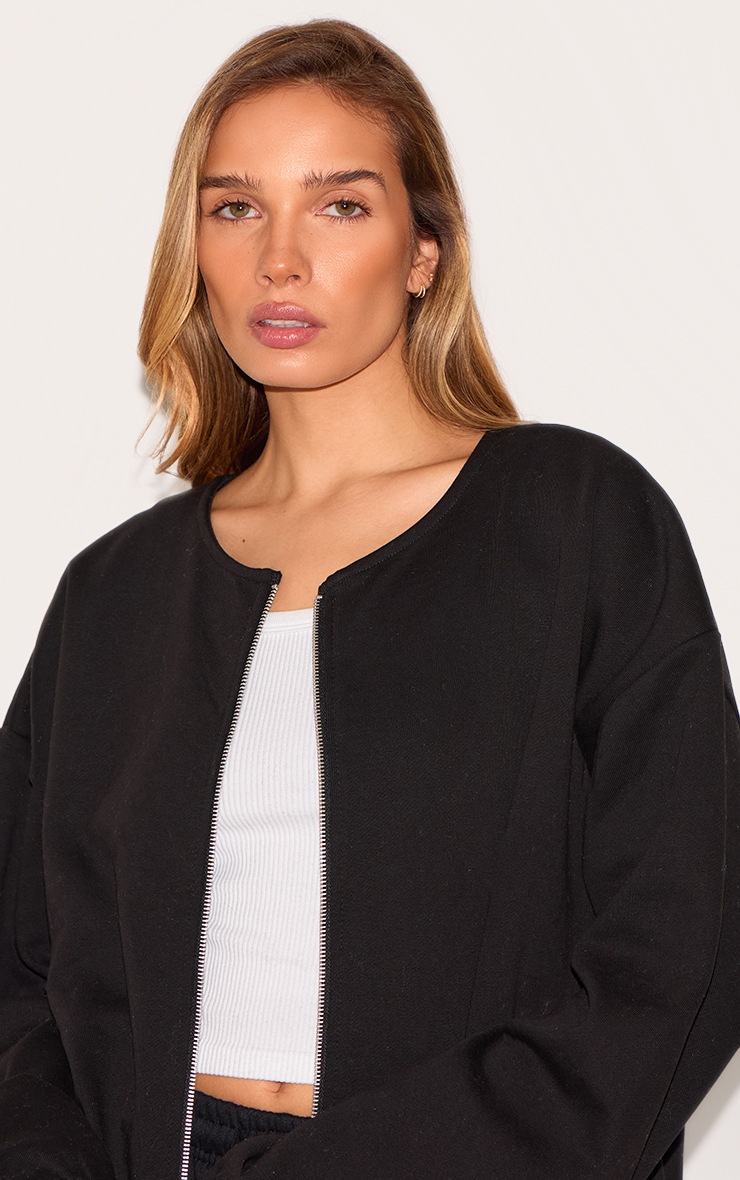 Black Oversized Boxy Collarless Zip Sweat Top | Athleisure | PLT