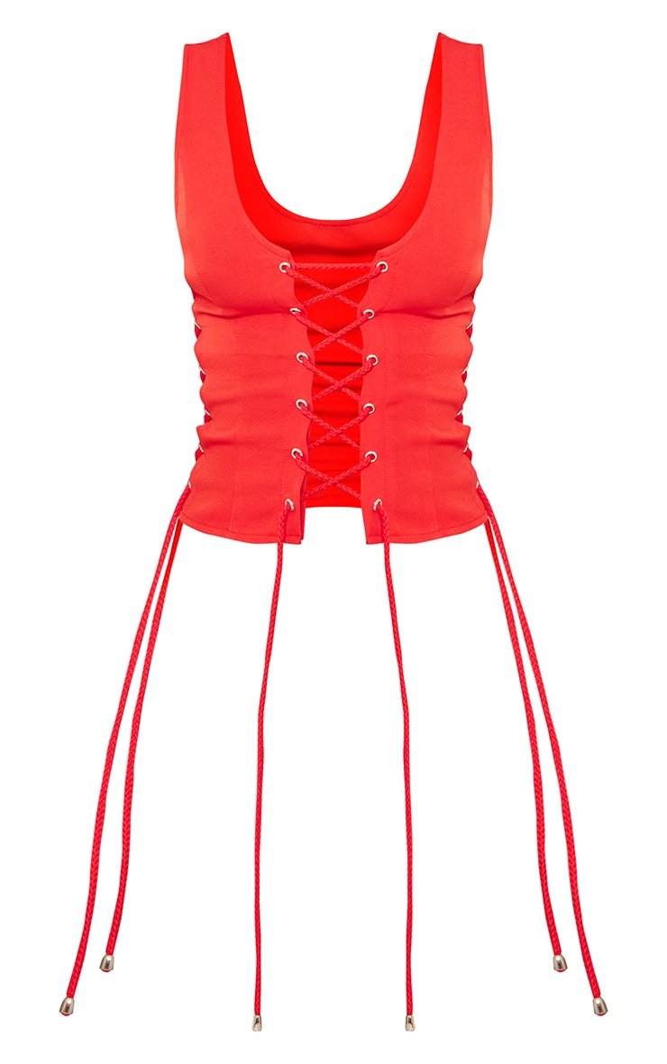 Red Woven Lace Up Detail Plunge Sleeveless Top | PrettyLittleThing