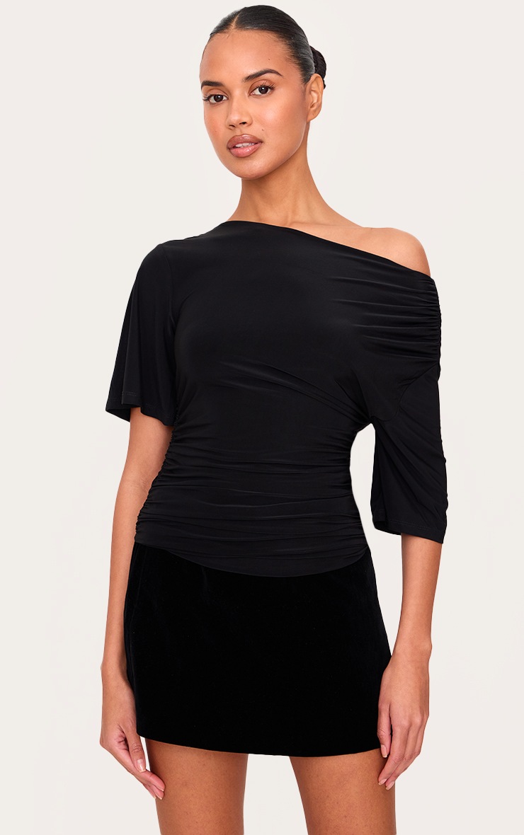 Black Slinky Slouchy Asymmetric Long Top | Tops | PLT