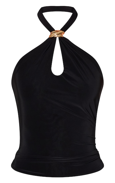 Black Double Layer Trim Halter Neck Long Top | Tops | PLT USA