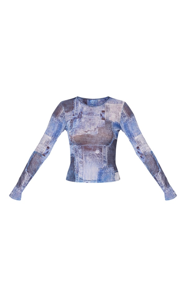 Tall Blue Denim Print Long Sleeve Mesh Top | Tall | PLT
