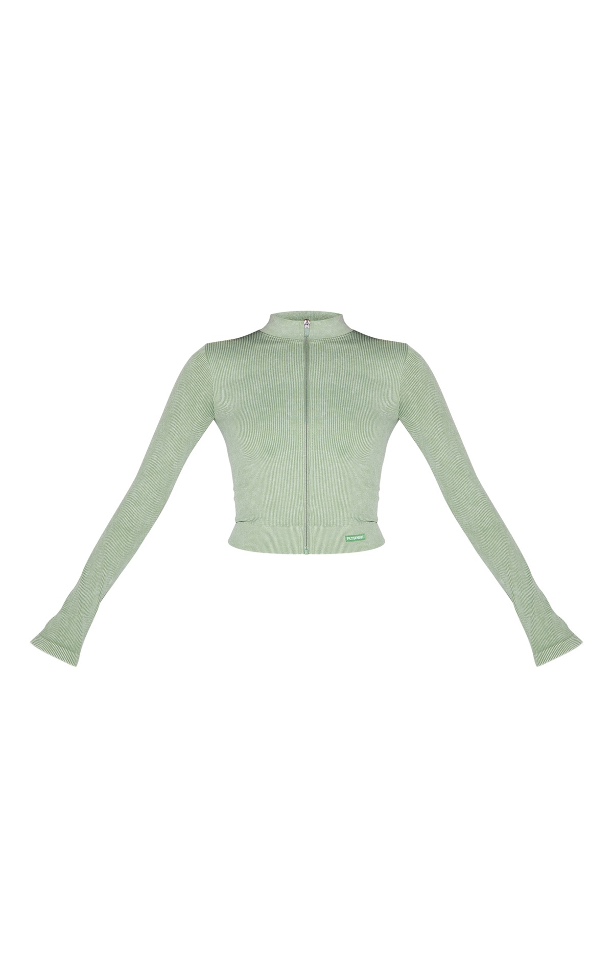 Khaki Acid Wash Seamless Rib Crop Sports Jacket | Activewear ...