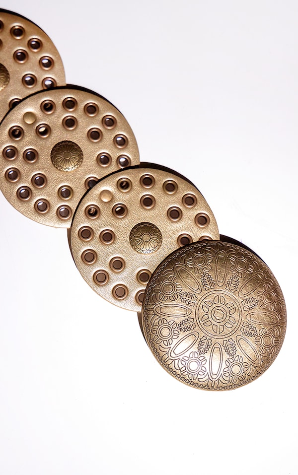 Gold Round Disk Eyelet Shield Buckle Belt | Accessories | PrettyLittleThing