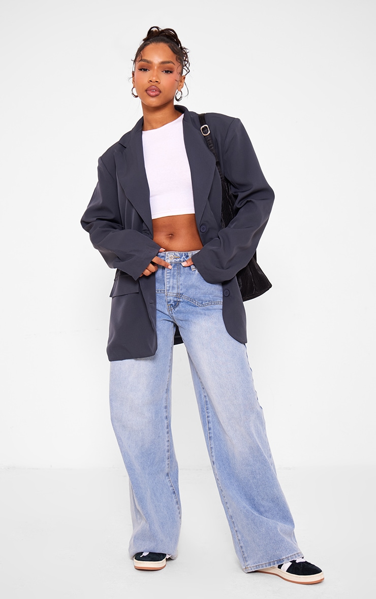 Grey Oversized Longline Curved Hem Blazer | PrettyLittleThing CA