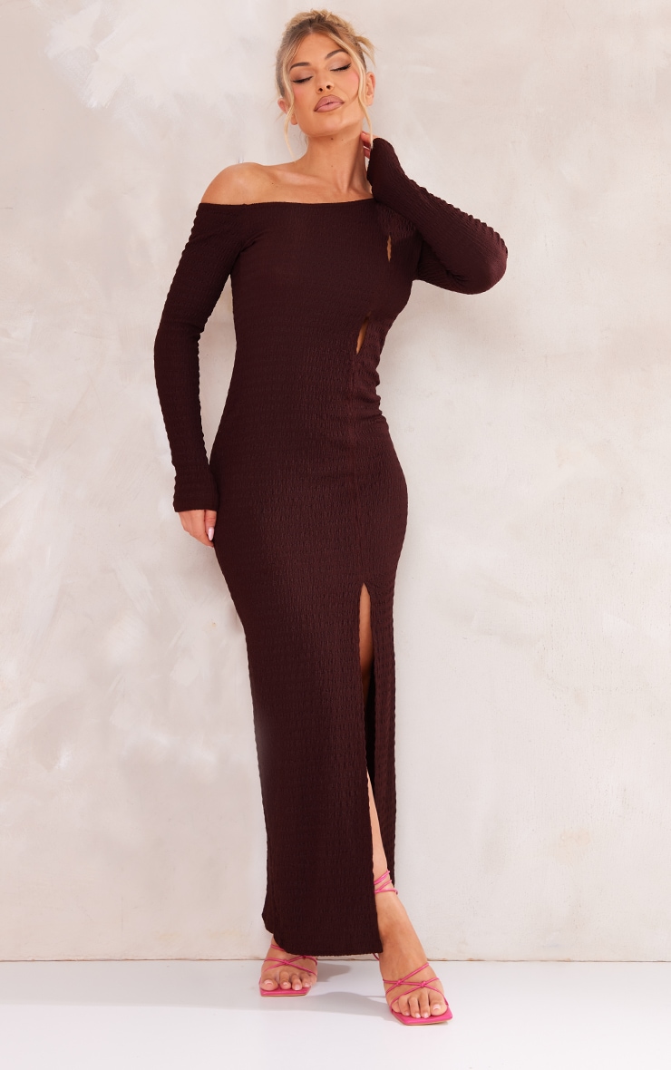 Chocolate Textured Asymmetric Cut Out Midaxi Dress | PrettyLittleThing AUS