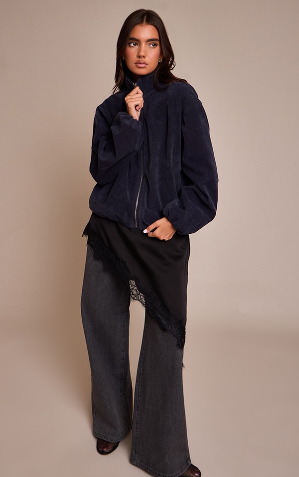 Navy Suede Bomber Jacket | Outerwear | PLT KSA