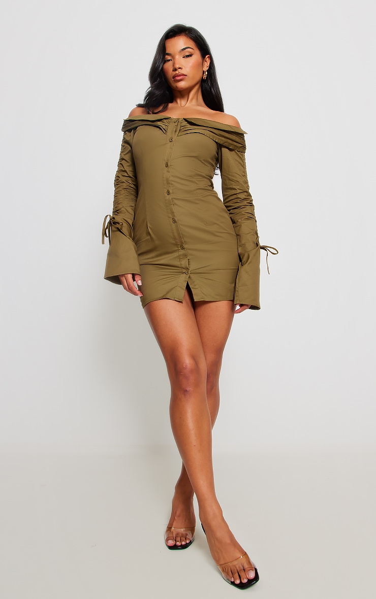 Khaki Woven Ruched Bardot Down Bodycon Dress | PrettyLittleThing