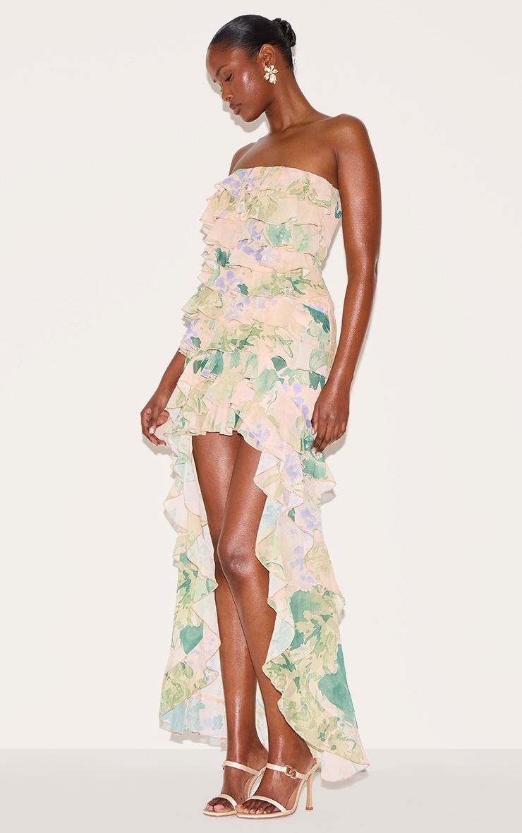 Yellow Printed Ruffled Bandeau Maxi Dress | Dresses | PrettyLittleThing USA