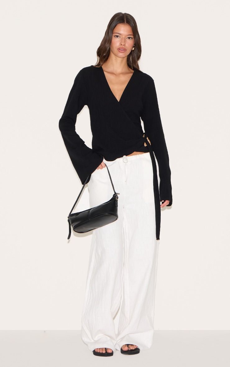 Black Linen Look Wrap Trim Tie Top | Tops | PLT
