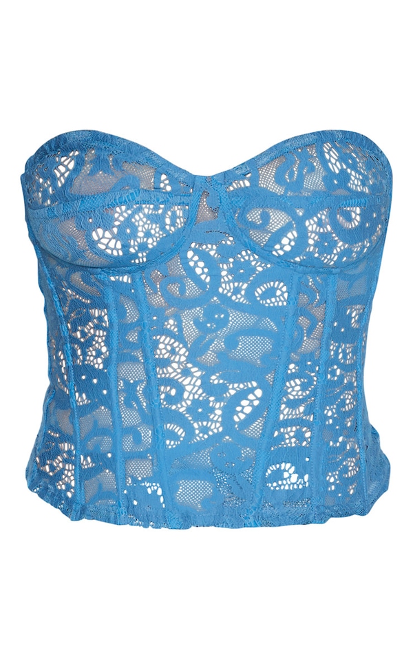 Petrol Blue Sheer Lace Structured Corset Top | Tops | PrettyLittleThing USA