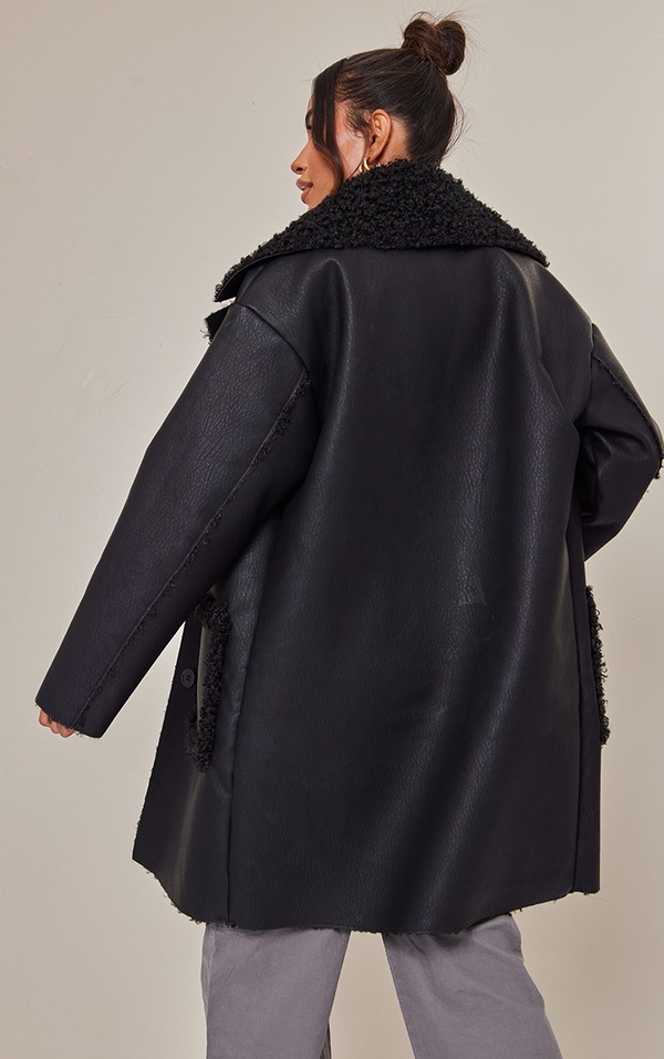 Black Borg And Faux Leather Midi Coat | Outerwear | PLT