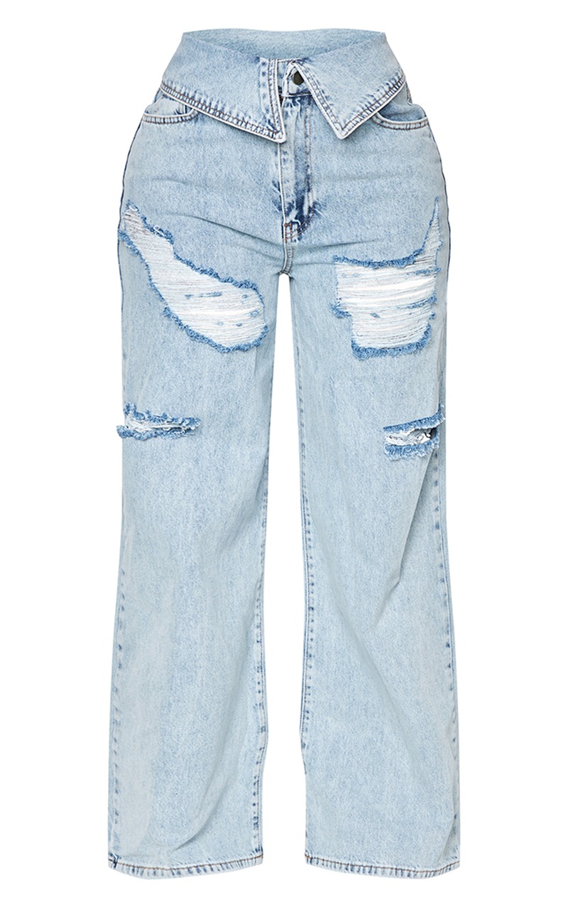 Shape Light Blue Acid Wash Denim Foldover Waist Ripped Jeans | Shape ...