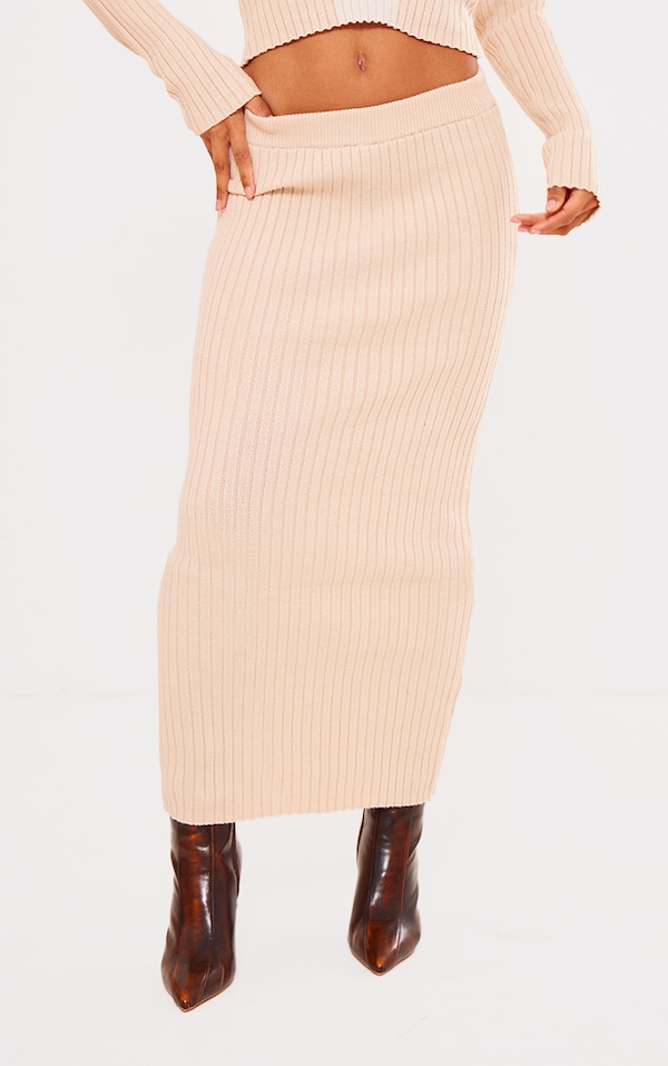 Oatmeal Soft Rib Maxi Knit Skirt | Knitwear | PLT