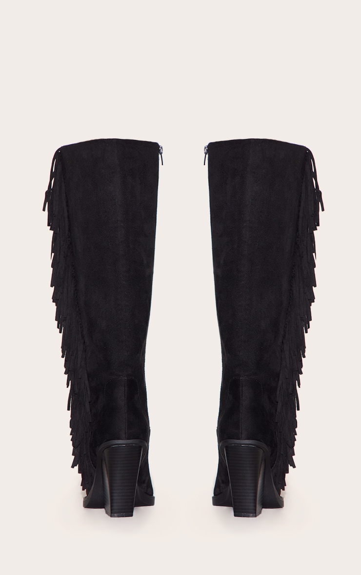 Black Point Toe Fringed High Block Heel Knee Boots | Footwear | PLT