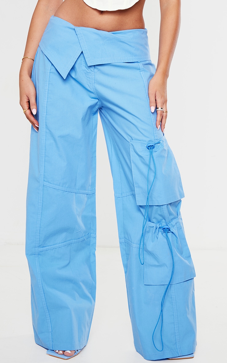 Petite Blue Fold Over Front Parachute Cargos | PrettyLittleThing AUS