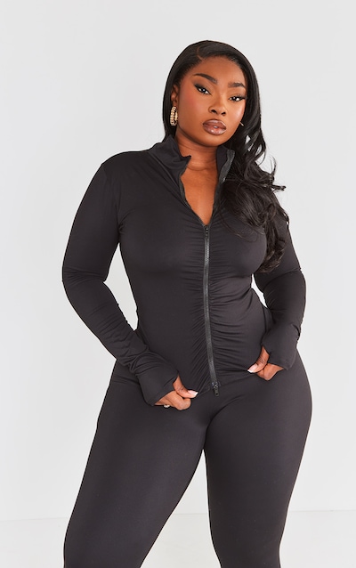 Plus Black Sculpt Ruched Front Zip Up Sport Jacket | Athleisure ...