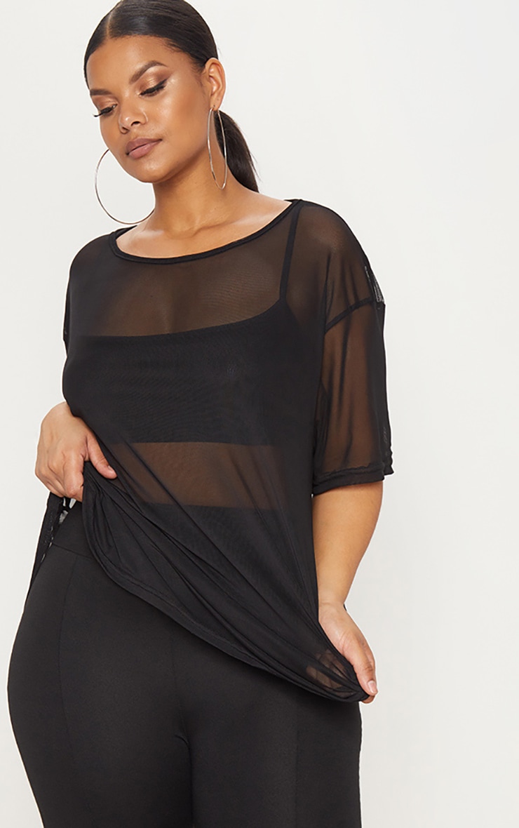 Plus Black Sheer Mesh Oversized T-Shirt | Plus Size | PLT