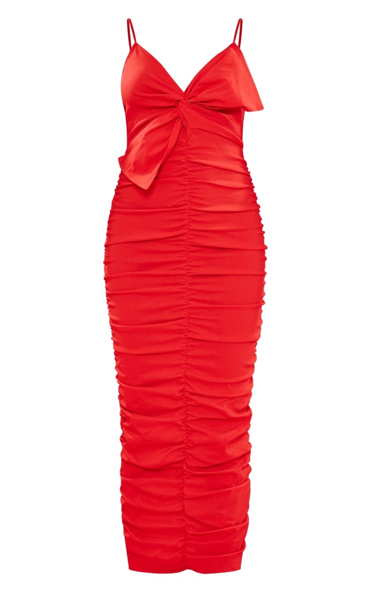 Red Strappy Bow Ruched Stretch Woven Midaxi Dress | Dresses | PLT