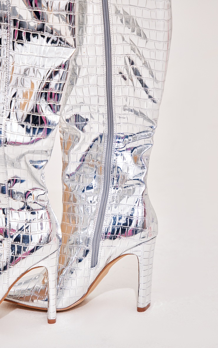 Silver Croc Square Toe Flat High Heeled Knee Boots | Footwear ...