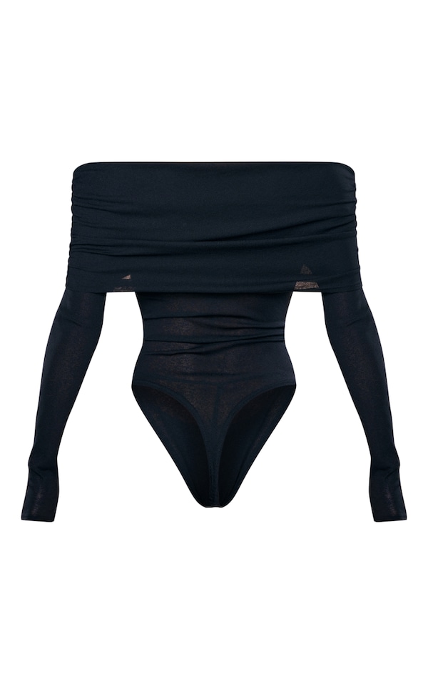 Black Textured Extreme Fold Over Bardot Bodysuit | Tops | PLT