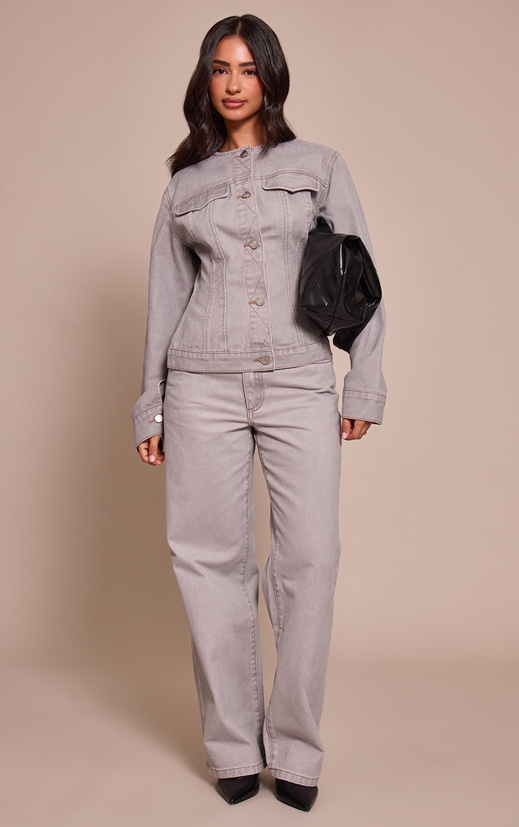 Petite Washed Grey Neck Button Up Denim Shirt | Petite | PLT