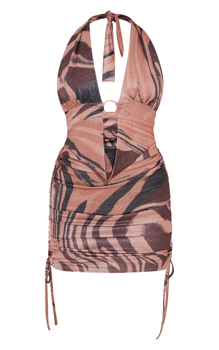 Brown Swirl Print Ring Ruched Side Bodycon Dress | Dresses | PLT KSA